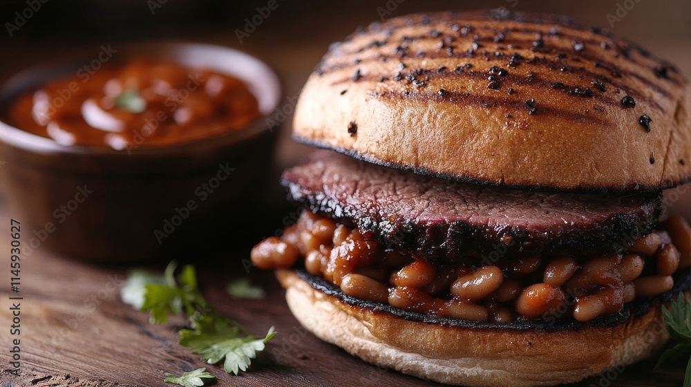 Enjoy a delectable BBQ meal featuring a tri tip sandwich accompanied by ...