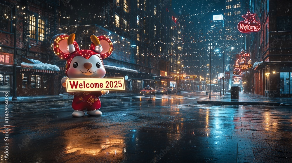Cute rat mascot holding "Welcome 2025" sign in snowy city at night ...