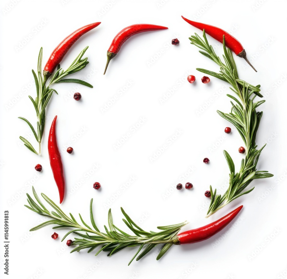 mexican frame border Fresh green organic rosemary leaves and red hot ...