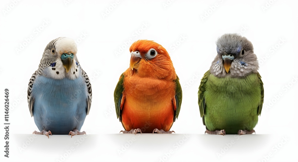 A hyper-realistic, 4K image of three colorful birds perched in a row ...