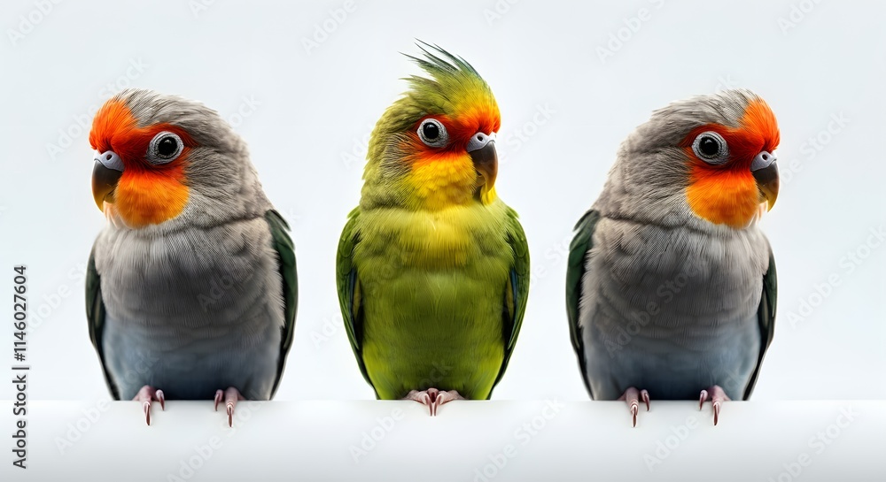 A hyper-realistic, 4K image of three colorful birds perched in a row ...