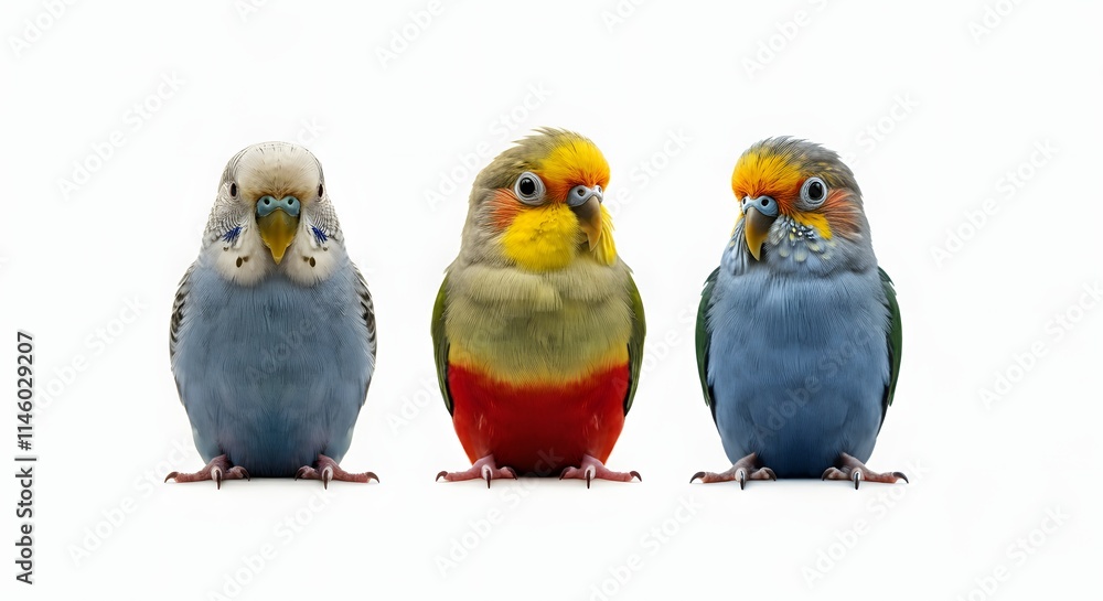 A hyper-realistic, 4K image of three colorful birds perched in a row ...