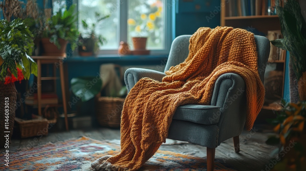 Cozy indoor setting with jeans draped over a chair, paired with a soft ...