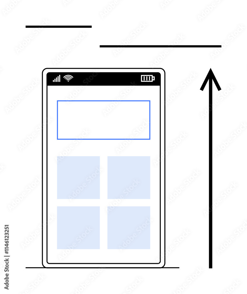 Smartphone with screen interface app icons, and battery indicator ...