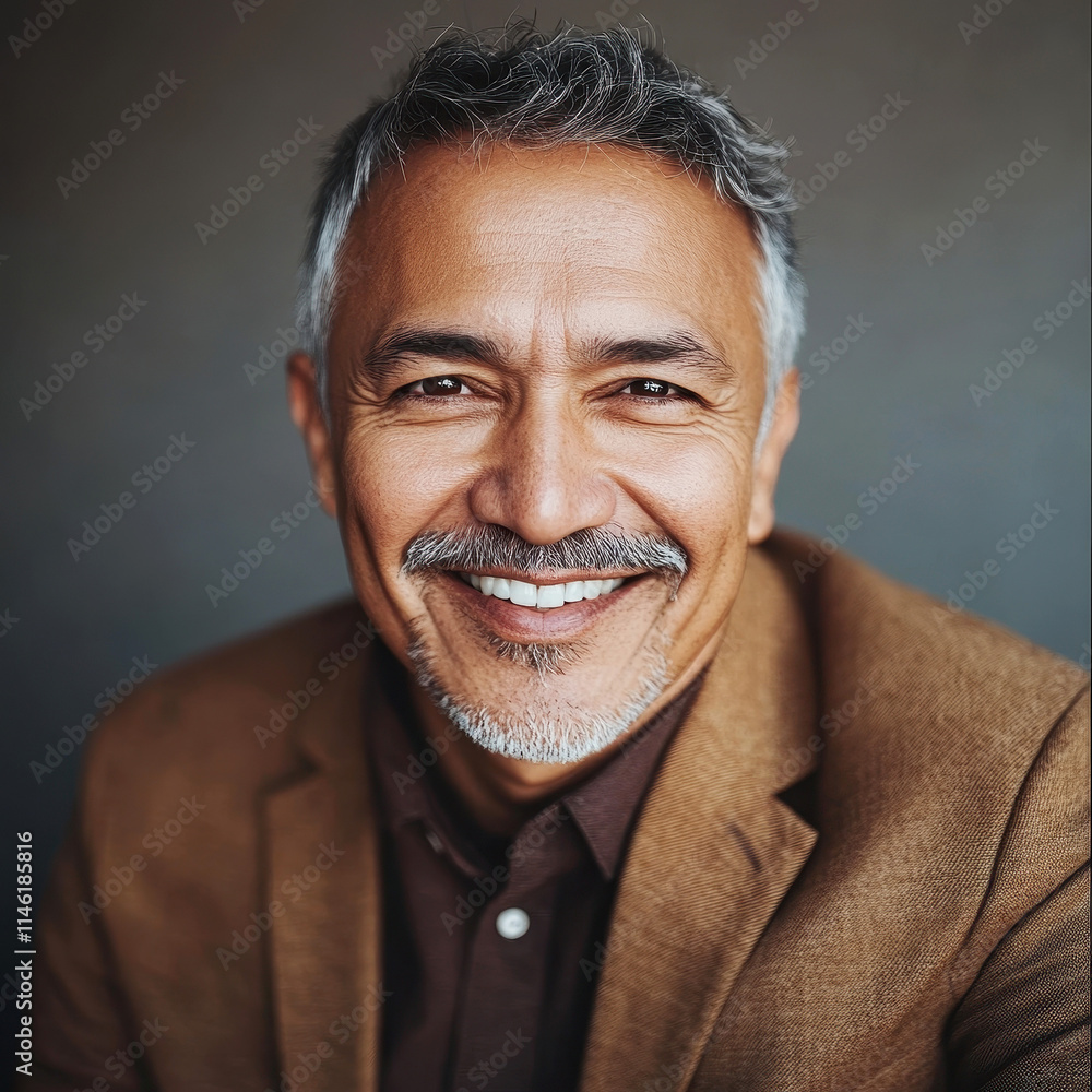 Smiling older Hispanic man in brown jacket looking confident Stock ...