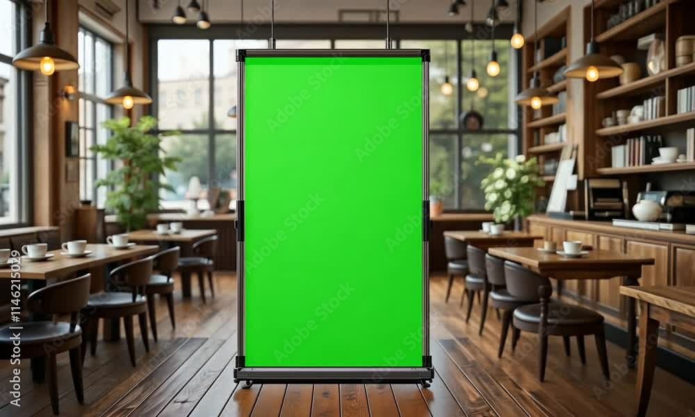 Green Screen Chroma Key Backdrop Stand in Cafe Setting, Ready for Video ...