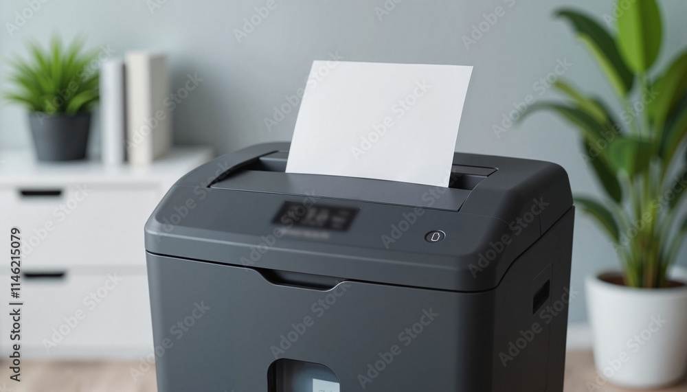 Secure document shredding. Document being fed into a secure shredder in ...