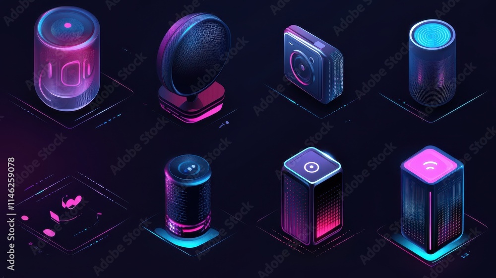 Voice command device icons set. Wireless virtual assistant. Smart ...