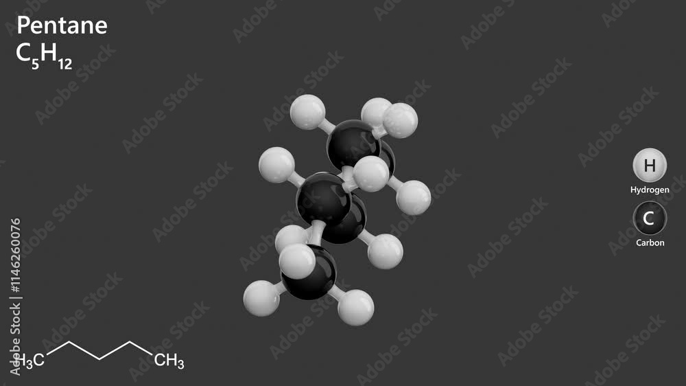 Pentane. Alkane. Flammable liquid. Animated 3D model of a molecule ...