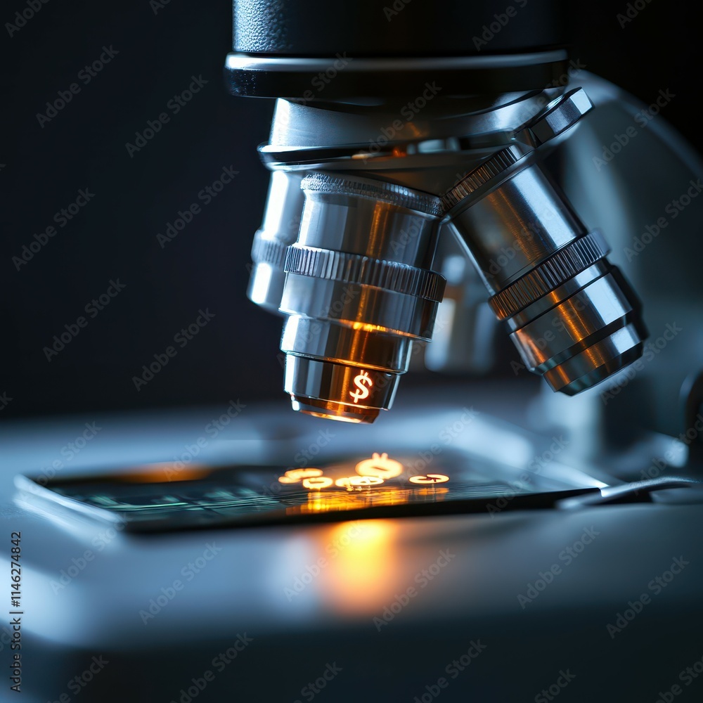 Microscope with dollar symbols in its lens reflection, biotechnology ...