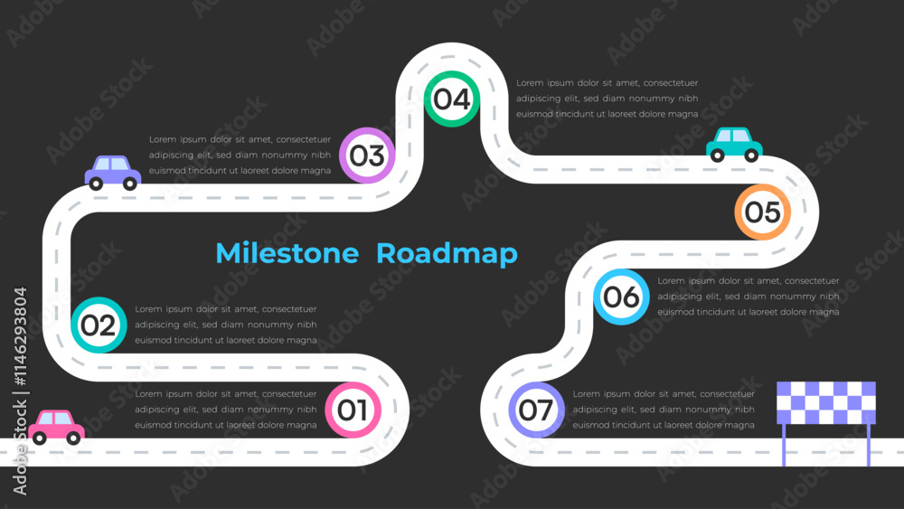 Poster Milestone Roadmap with Colorful Circular Markers and Cars on ...