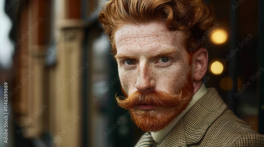 Stylish man with ginger hair and a well-groomed mustache poses ...