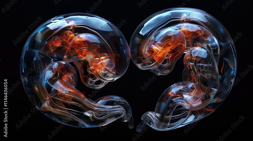 Luminous twin object resembling embryo depicted in high-tech style ...