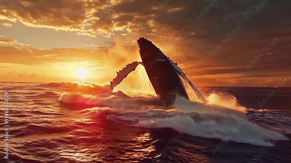 A dramatic moment of a humpback whale breaching at sunrise, with ...
