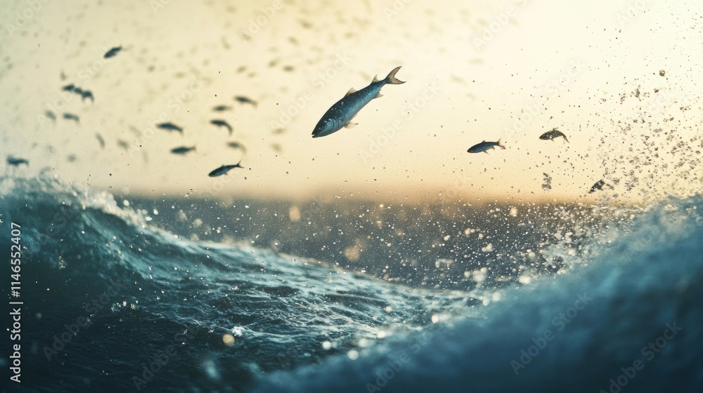 Fish flying above the rough sea , in the background there is a rain of ...