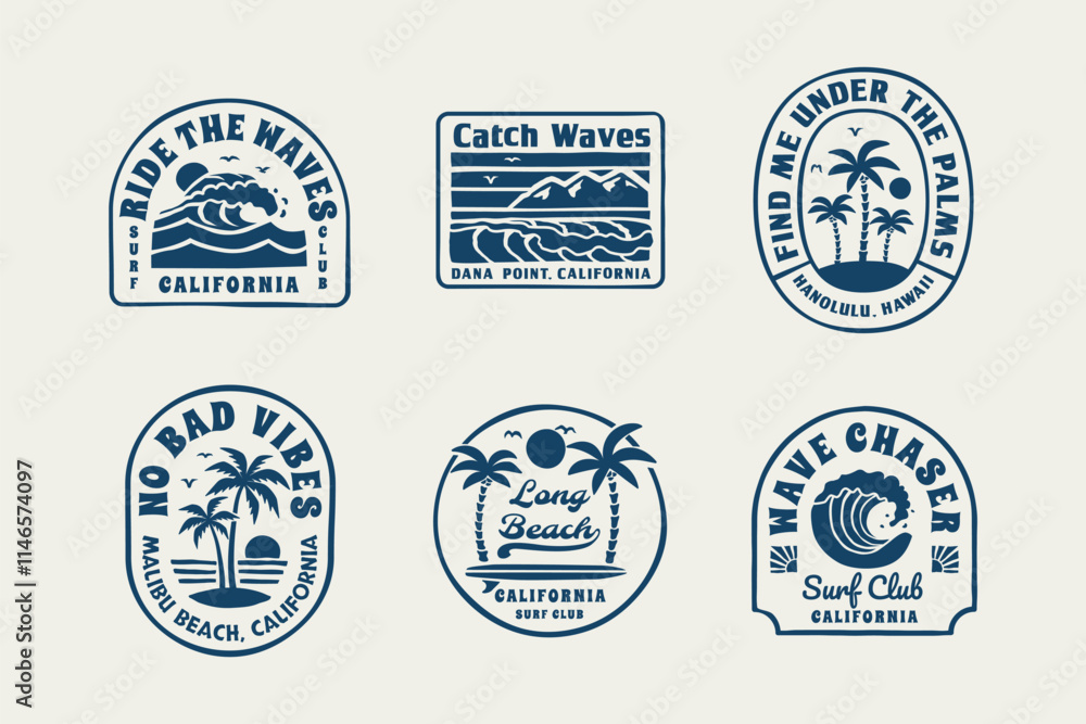 Vetor de A set of retro-style surf club vector badges featuring ocean ...