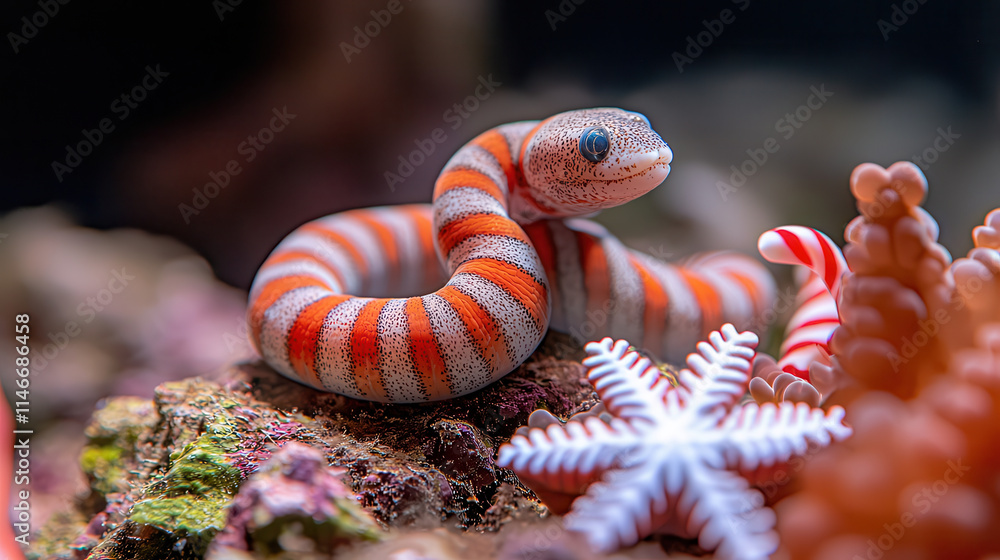 eel santa concept. Colorful eel coiled around candy cane, surrounded by ...