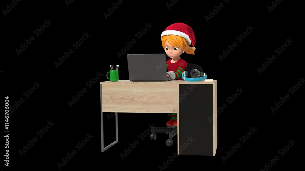 3d Animated Cartoon Elf Girl Working On Laptop Set On Desk Sitting On ...
