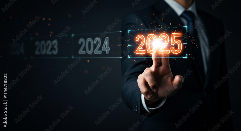 Futuristic timeline concept featuring a businessman selecting glowing ...