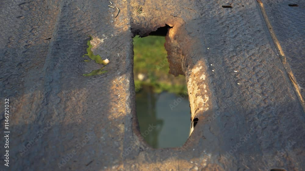 Broken damaged bridge with cracks, rust, and collapse signs. Urban ...