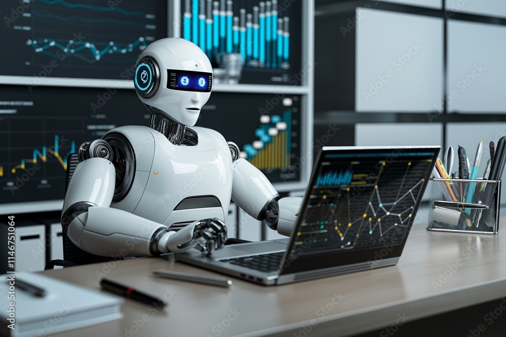 Humanoid robot analyzing big data on a laptop at a modern desk ...