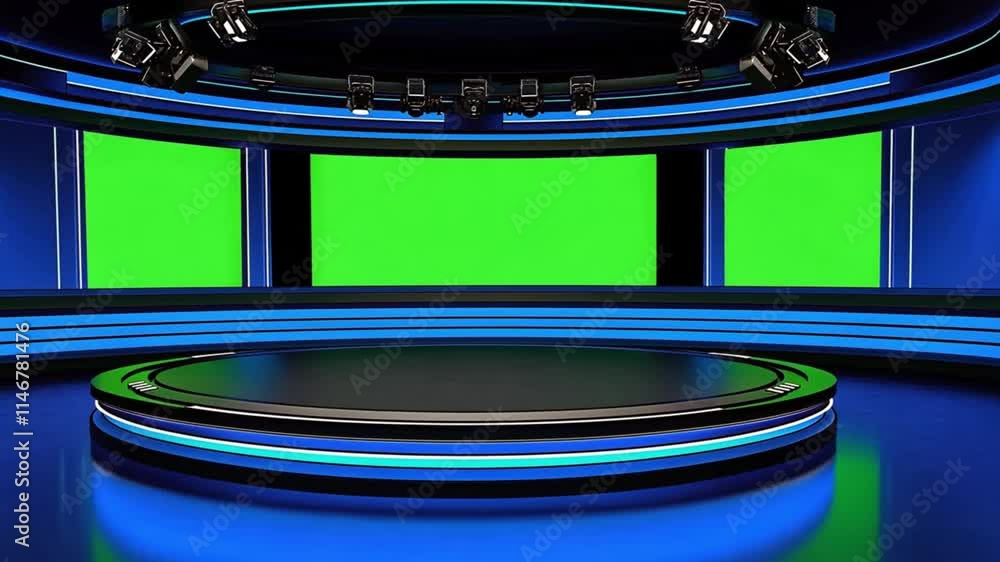 A futuristic virtual studio with glowing blue elements and chroma key ...