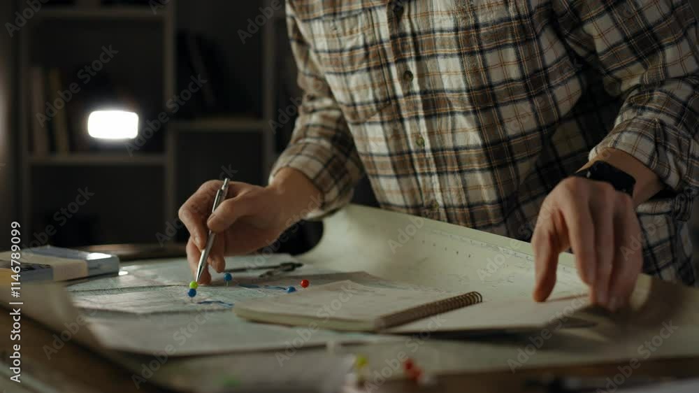 A young traveler plans a route by marking a map with pins and marks ...