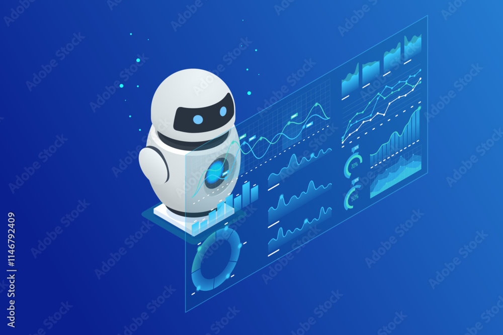 Isometric AI robot interacting with digital analytics interface ...