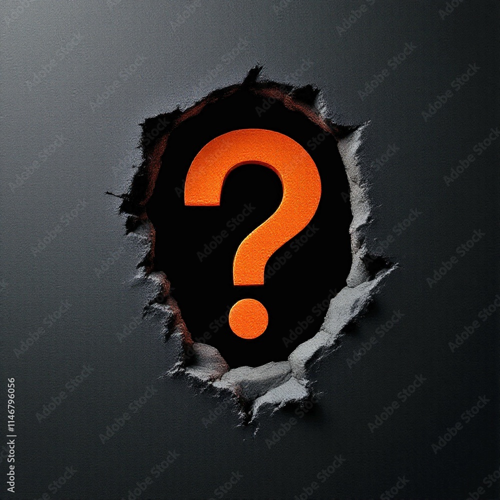 A question mark symbol emerges from a broken hole in a wall ...