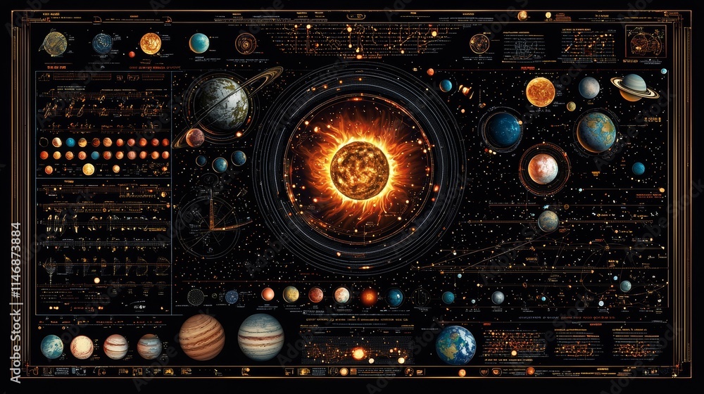 Detailed chart depicting the solar system with planets, moons, and ...