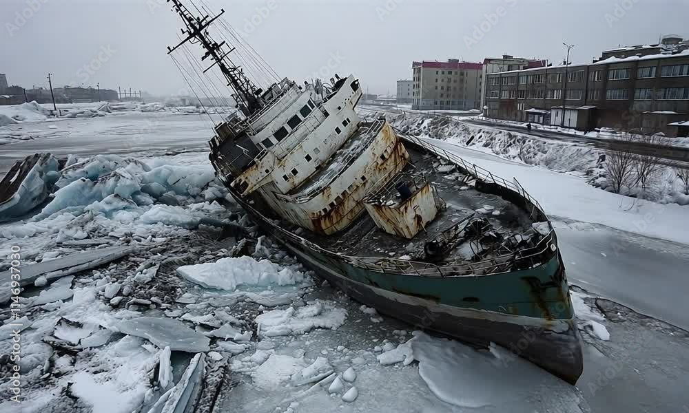 Vidéo Stock A 100-meter-high tsunami hits Icebreaker ship, turning it ...