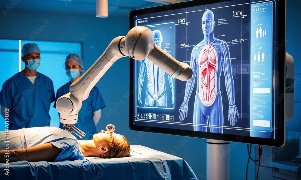 Neurourgeons are operating with medical robotic surgery machine. Modern ...