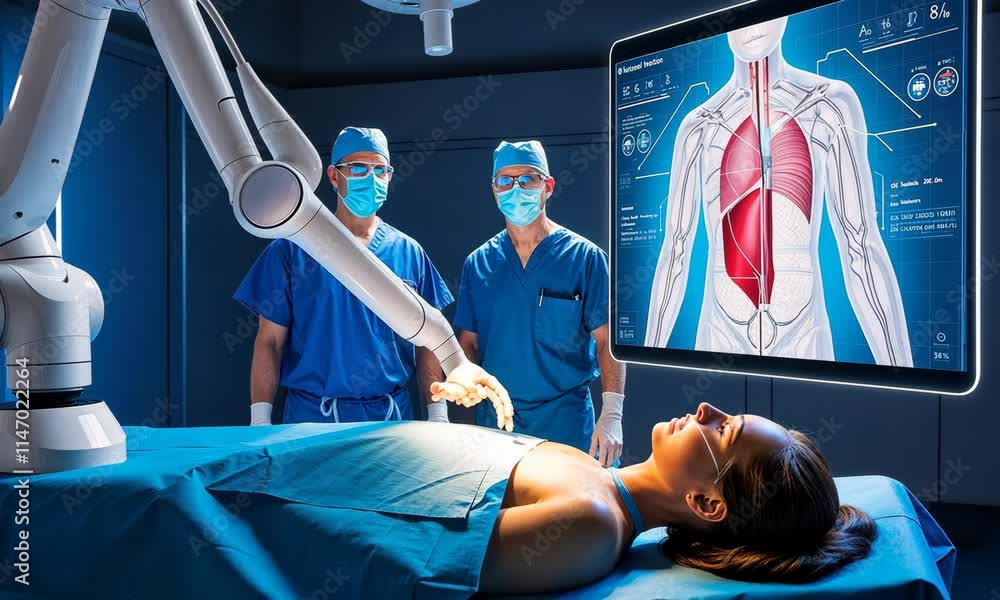 Neurourgeons are operating with medical robotic surgery machine. Modern ...