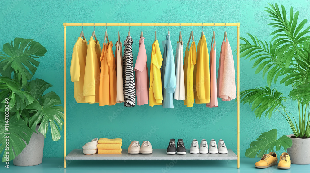 Clothing Rack Highlight. Stylish clothes hanging on a rack with shoes ...