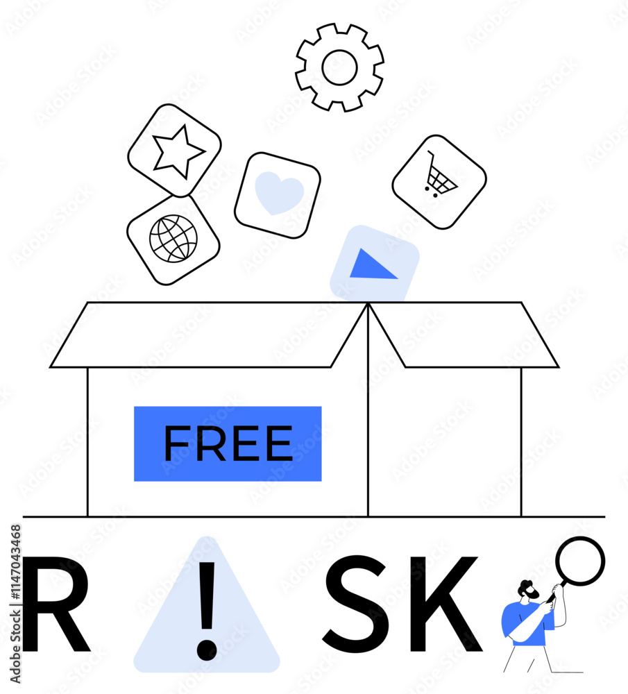 Man with magnifying glass inspects icons emerging from box labeled Free ...