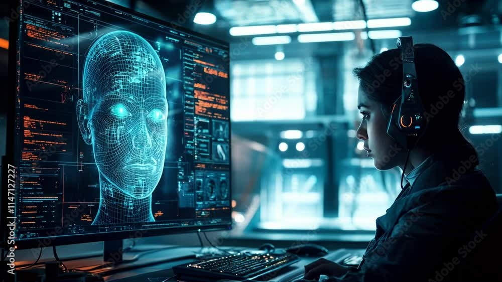 Young woman looks at human face and digital data on computer screen ...