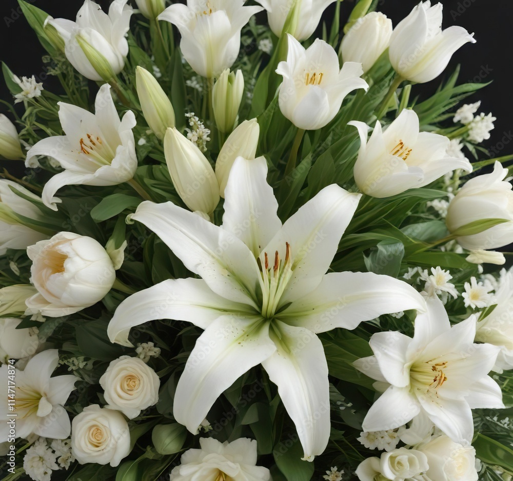 White lilies funeral arrangement with tulips and peonies, remembrance ...