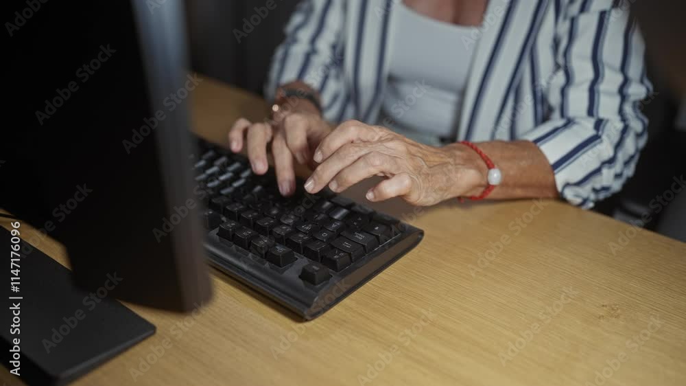 Elderly woman typing on keyboard at office desk indoors showcasing ...