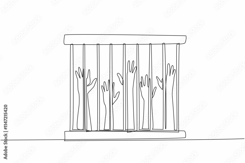 Continuous one line drawing five hands raised in cage. Slave trade that ...