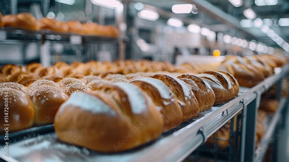 An industrial bakery with automated machines mixing dough, baking bread ...