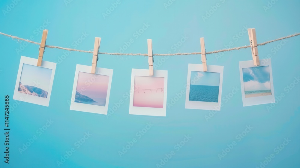 Hanging polaroid pictures on a string with clothespins against a blue ...