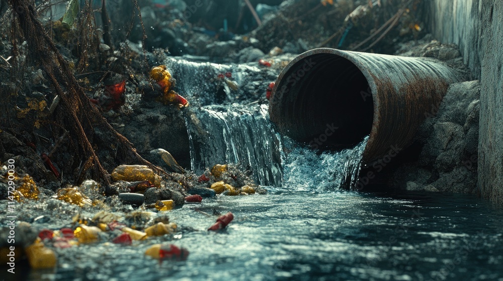 Industrial waste pouring from a drainpipe into a river, causing severe ...
