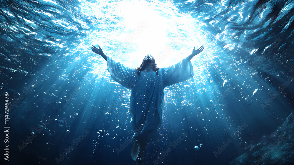 Ethereal underwater baptism scene jesus submerged in luminous waters ...