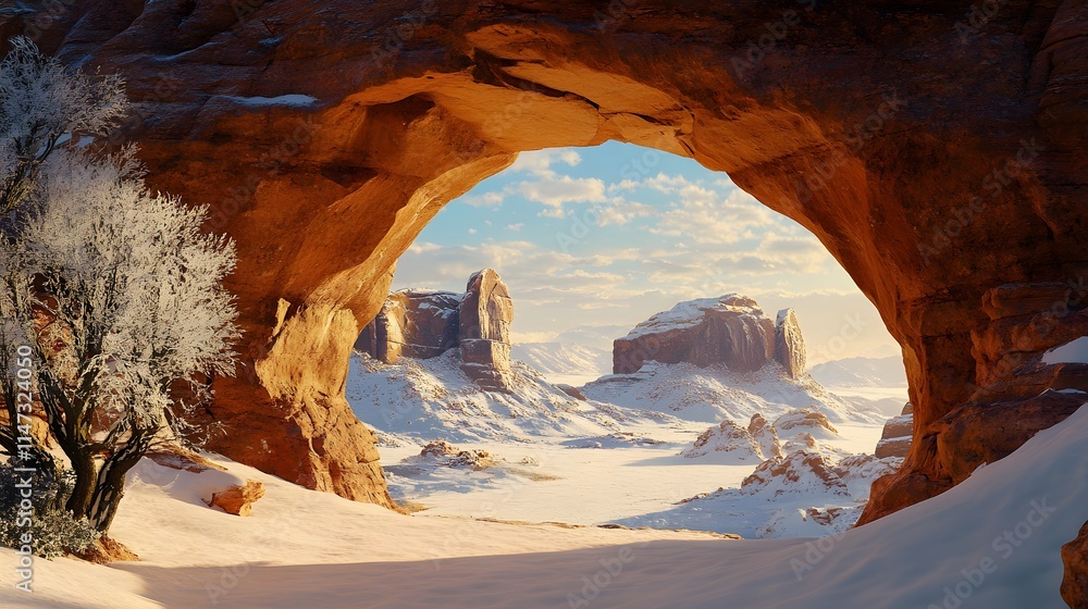 Photo & Art Print A traditional sandstone archway with snow drifting ...
