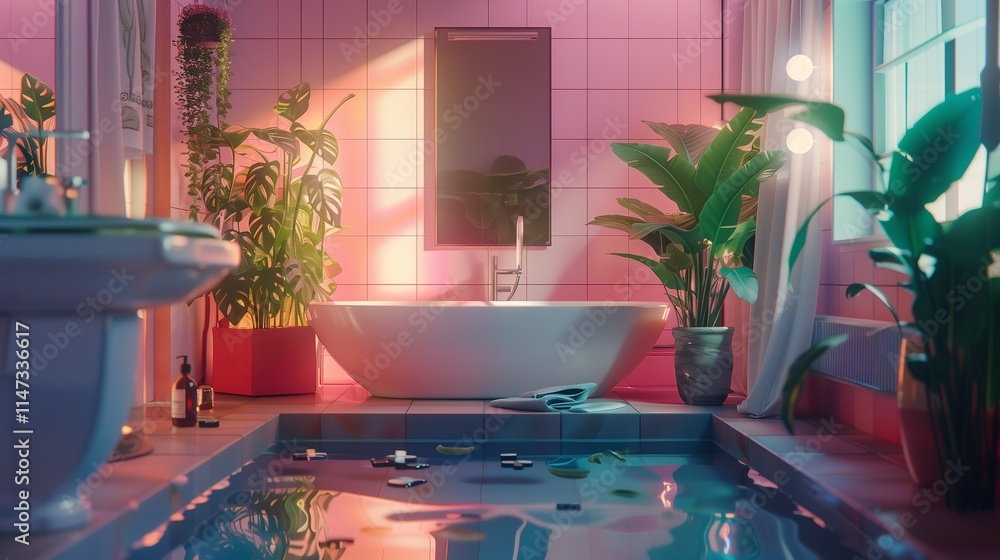 interior of bath room with two plants are one each side of the bath tub ...