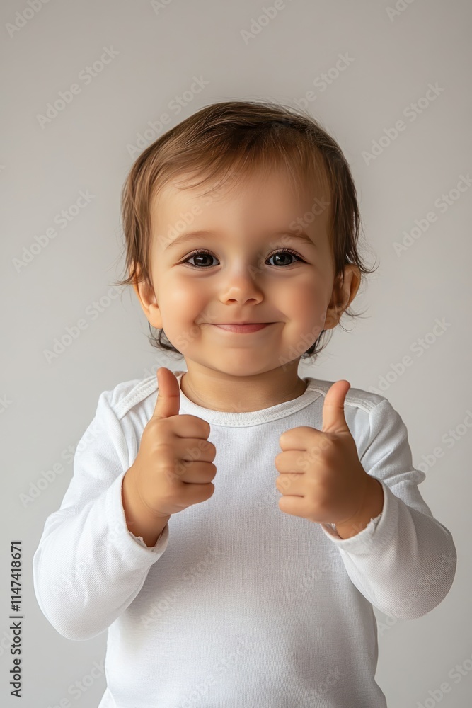 Charming European toddler with fair skin giving double thumbs up ...
