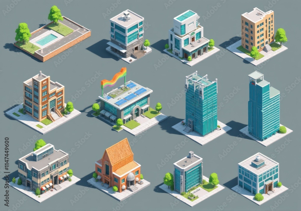 High-quality isometric render of 10 unique buildings, each with ...