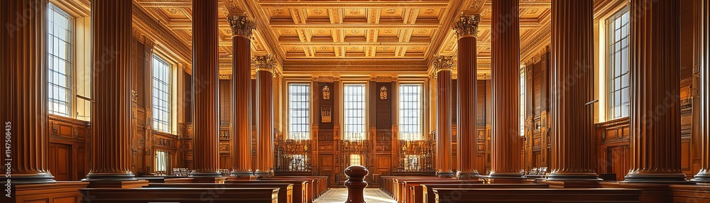 A striking image of a gavel and scales of justice in a historic court ...