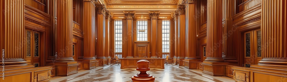A striking image of a gavel and scales of justice in a historic court ...