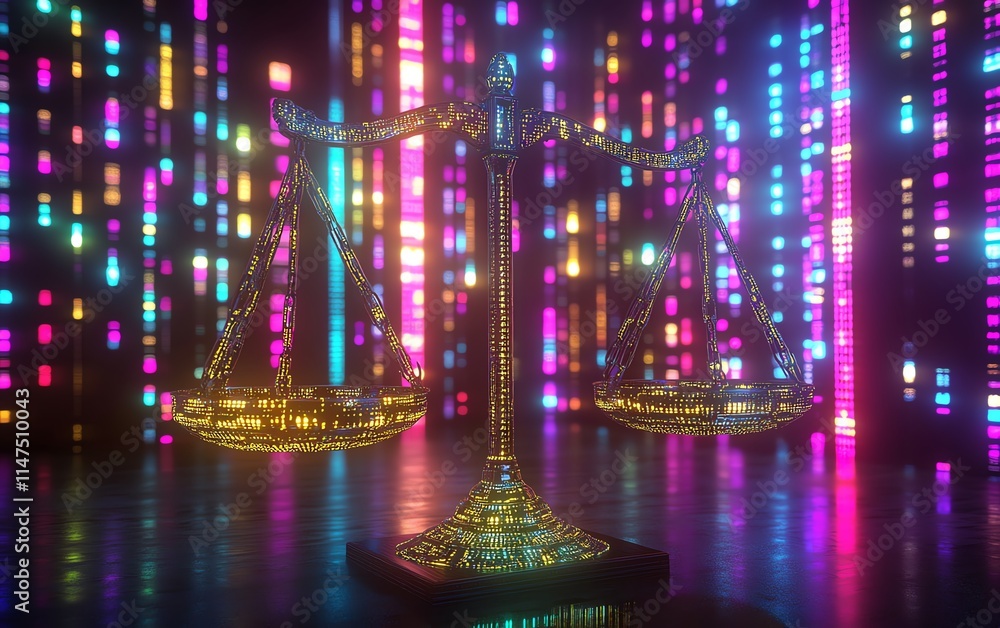 Illuminated law scales with flowing digital circuits, standing in ...